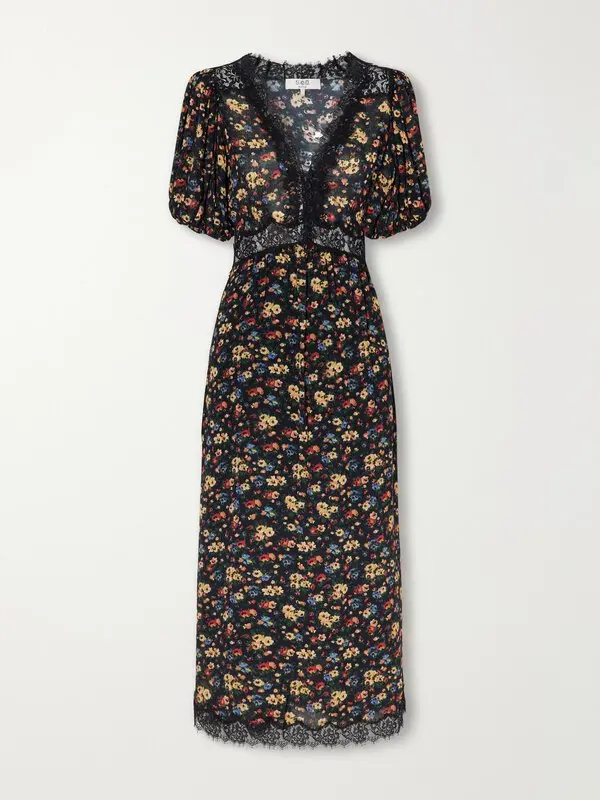 Sea Kaiya Floral-print Lace-trimmed Crepe De Chine Midi Dress - Multi