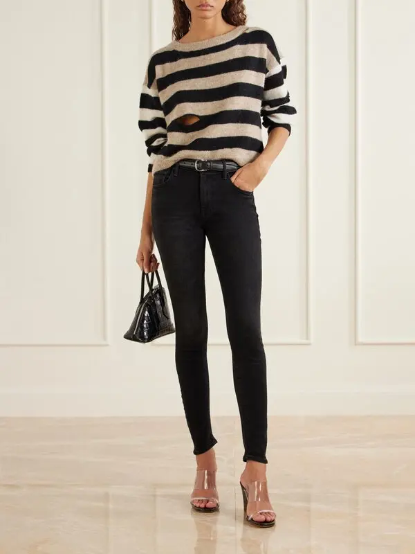MOTHER The Cold Shoulder Distressed Cropped Striped Alpaca-blend Sweater