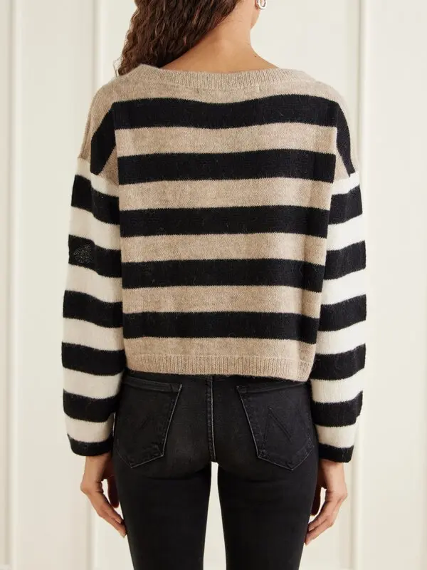 MOTHER The Cold Shoulder Distressed Cropped Striped Alpaca-blend Sweater