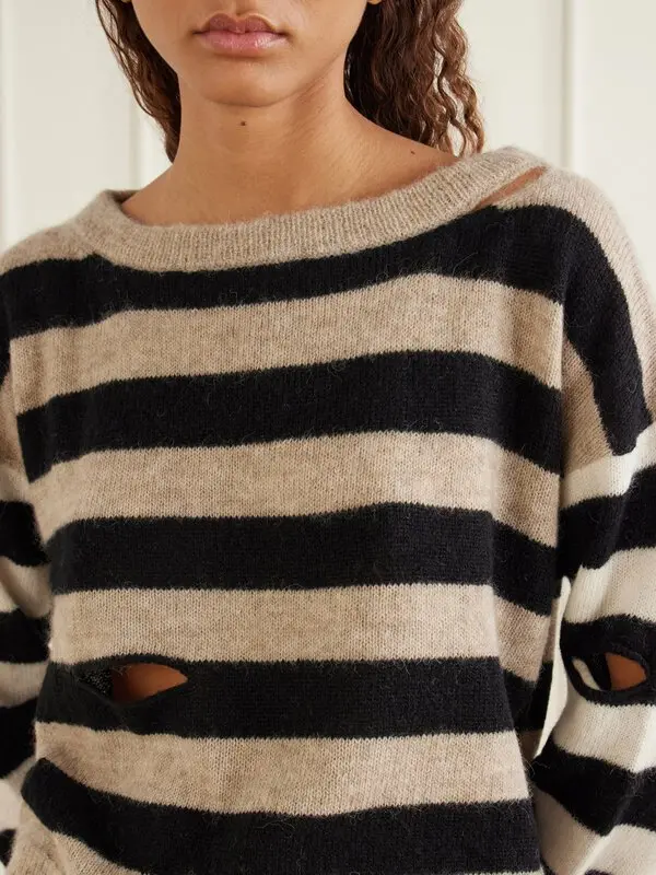 MOTHER The Cold Shoulder Distressed Cropped Striped Alpaca-blend Sweater