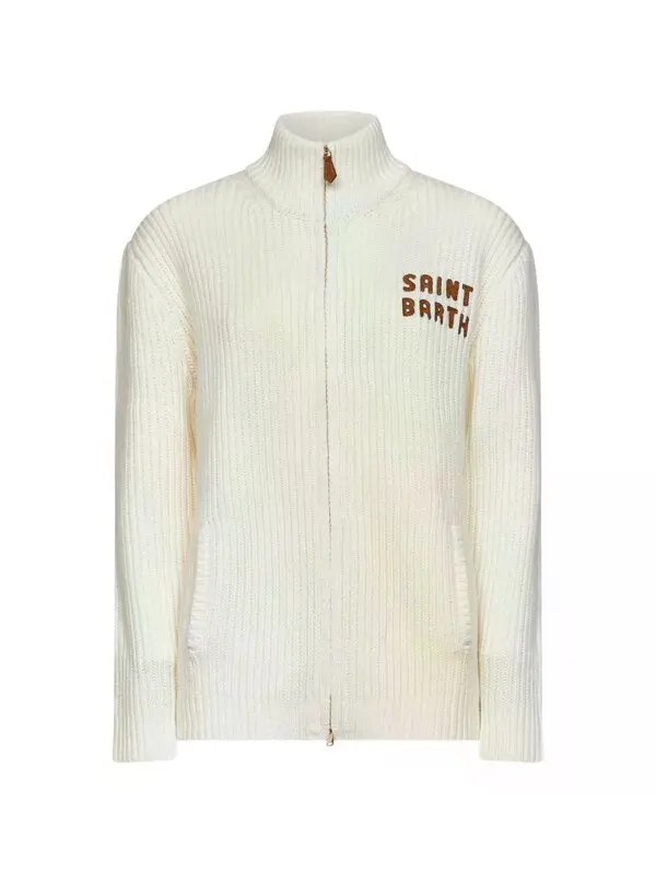 MC2 SAINT BARTH Off White Noire Wool Blend Full-zip Knit With Logo Embroidery Sweater - Neutrals