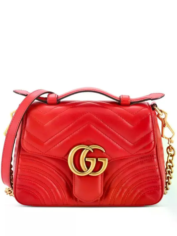 Gucci Gg Marmont Top Handle Flap Bag Matelasse Leather Mini Satchel - Red