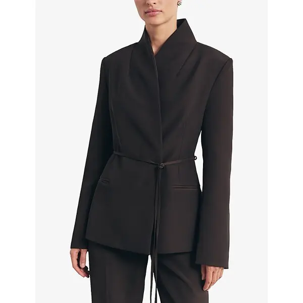 BECAUSE OF ALICE Cocoon-collar Belted Woven Blazer