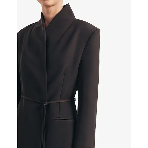 BECAUSE OF ALICE Cocoon-collar Belted Woven Blazer