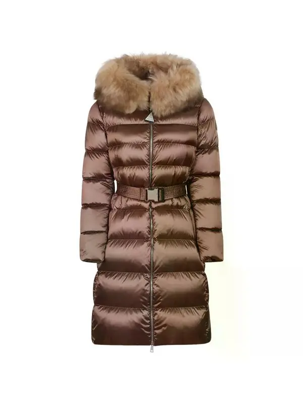 Moncler Belted Fur-trim Coat - Brown