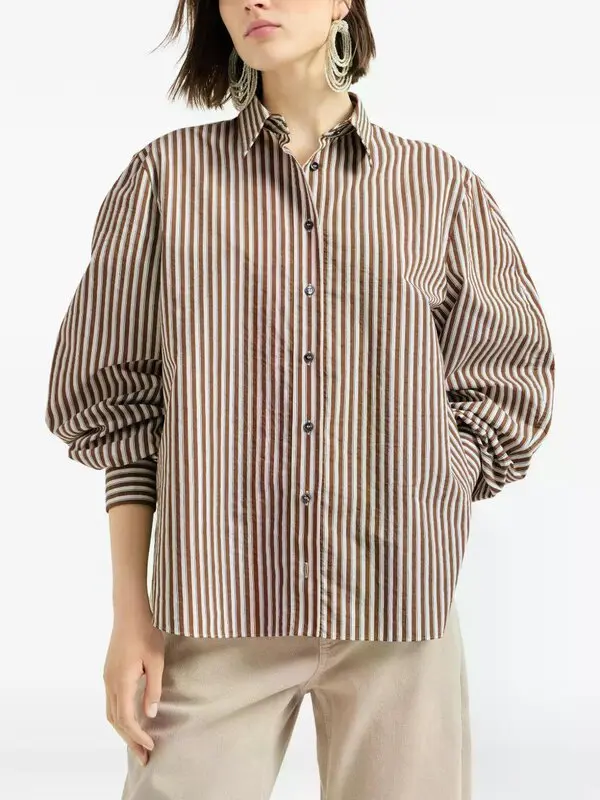 Brunello Cucinelli Striped Wrinkled Poplin Shirt With Monili