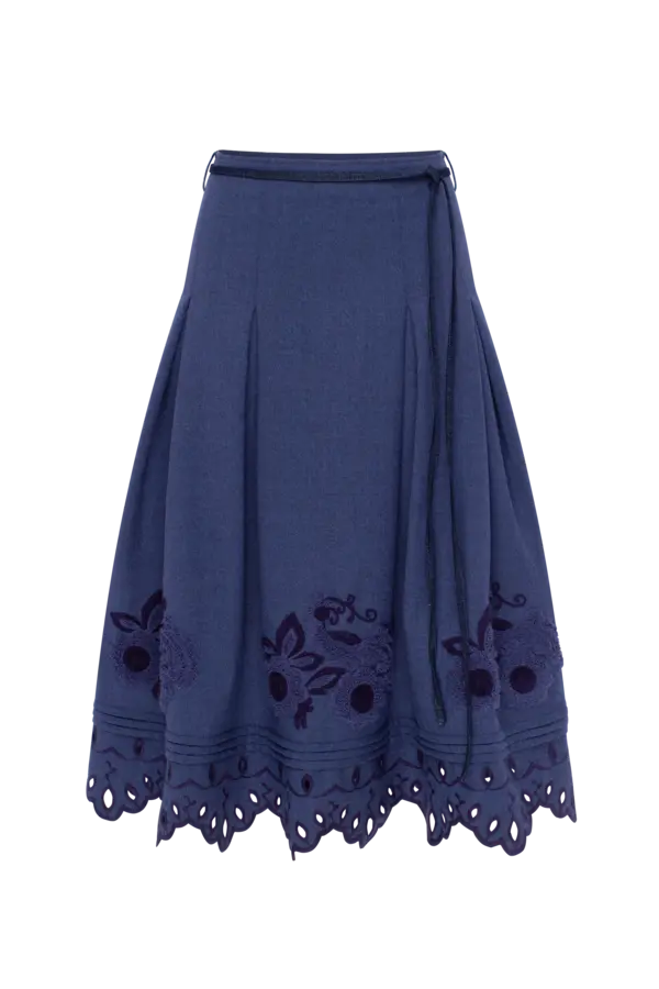 ANNABO Midnight Mirage Embroidered Wool Midi Skirt - Blue