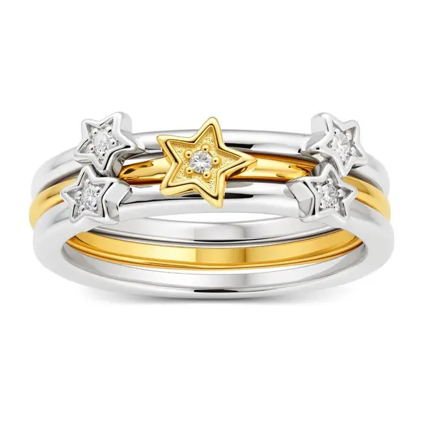 KYLIE HARPER Two-tone Diamond Stars 3pc Stackable Ring Set 1/20 Tdw In Sterling