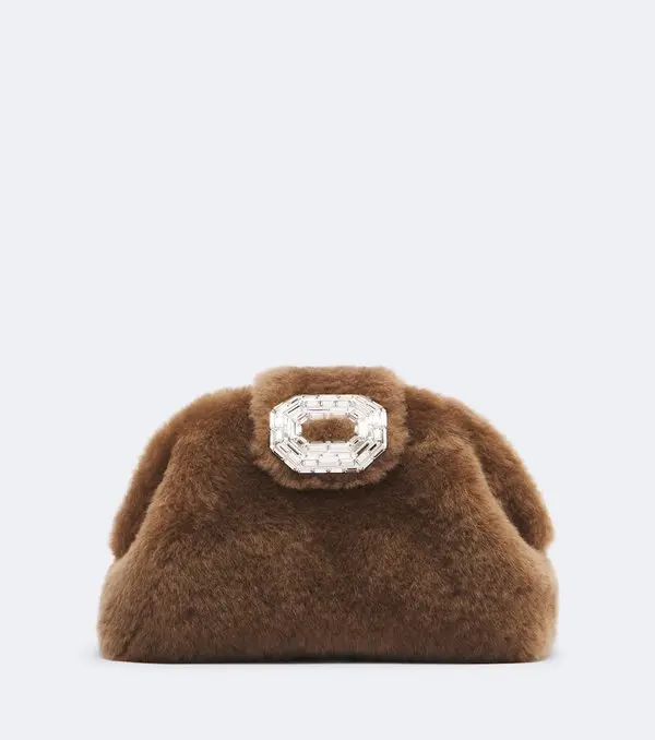 Amina Muaddi Camelia Embellished Shearling Clutch - Brown