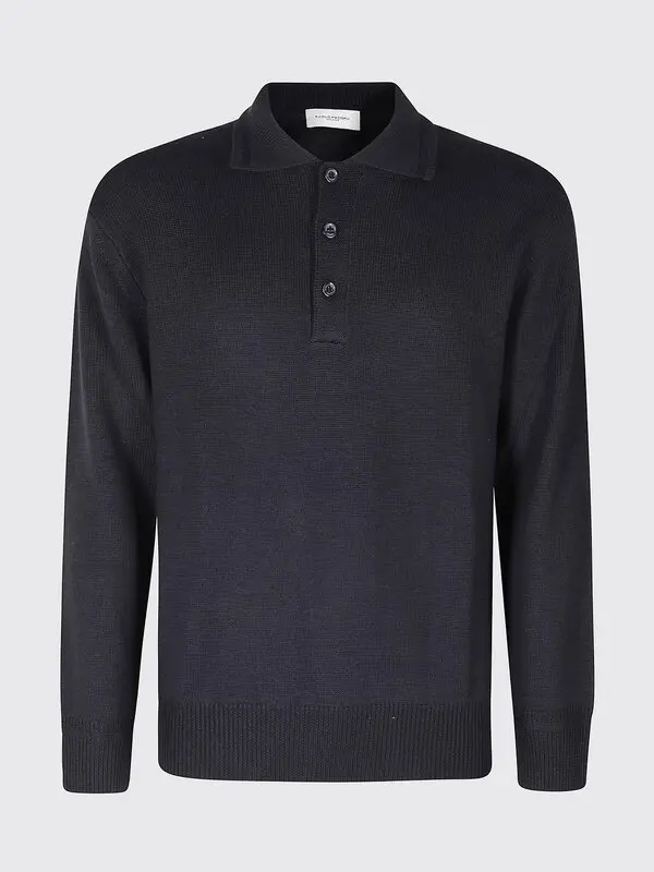 PAOLO PECORA Long-sleeved Wool Knit Polo Shirt With Three-button Placket - Navy