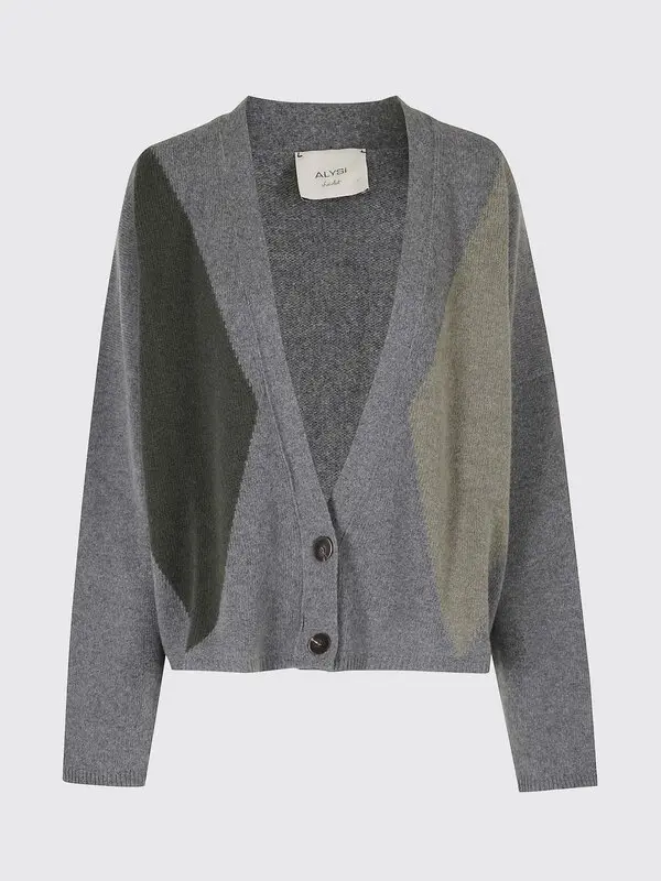 ALYSI Relaxed Fit Argyle Wool Blend Cardigan With V-neck