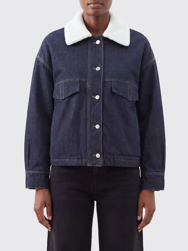 TELA Cotton Denim Jacket With Fur Collar - Black