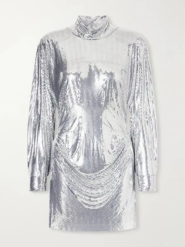 Rabanne Draped Chainmail Turtleneck Mini Dress