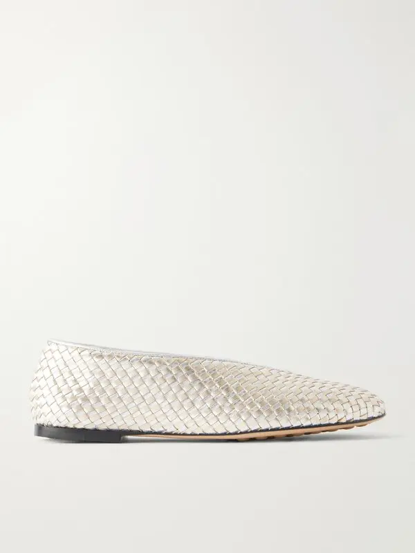 Bottega Veneta Rosa Intrecciato Metallic-leather Ballet Flats - Silver
