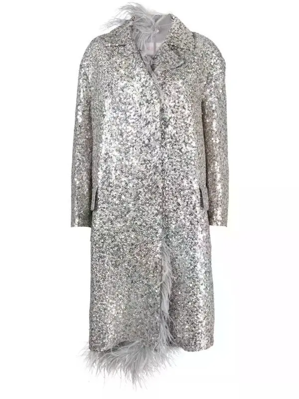 Valentino Garavani Embellished Feather-trim Coat - Silver