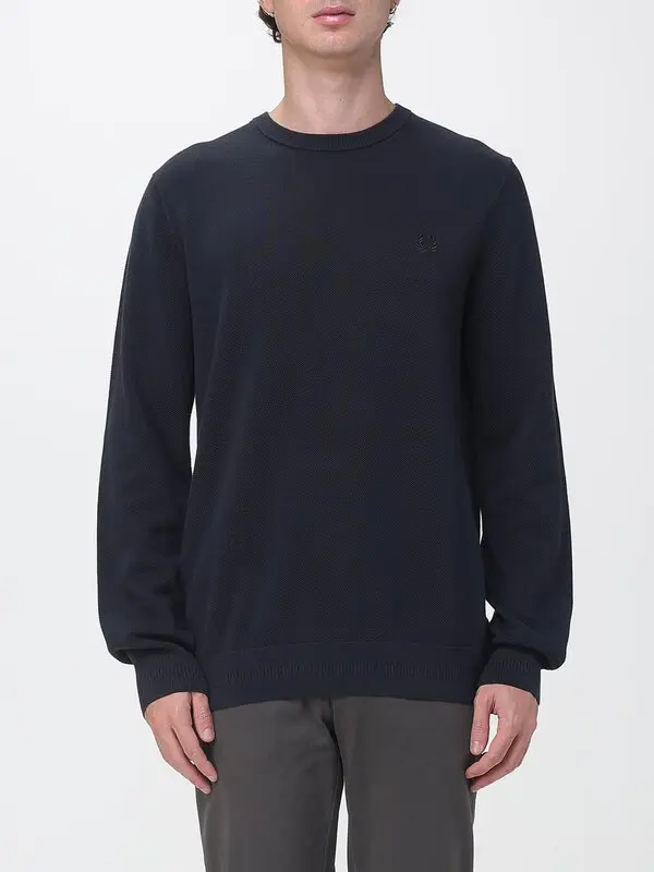 Fred Perry Crew Neck Cotton Sweater With Tone-on-tone Embroidered Logo - Navy