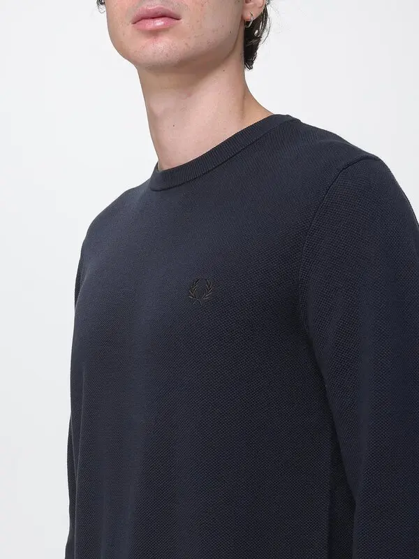 Fred Perry Crew Neck Cotton Sweater With Tone-on-tone Embroidered Logo - Navy