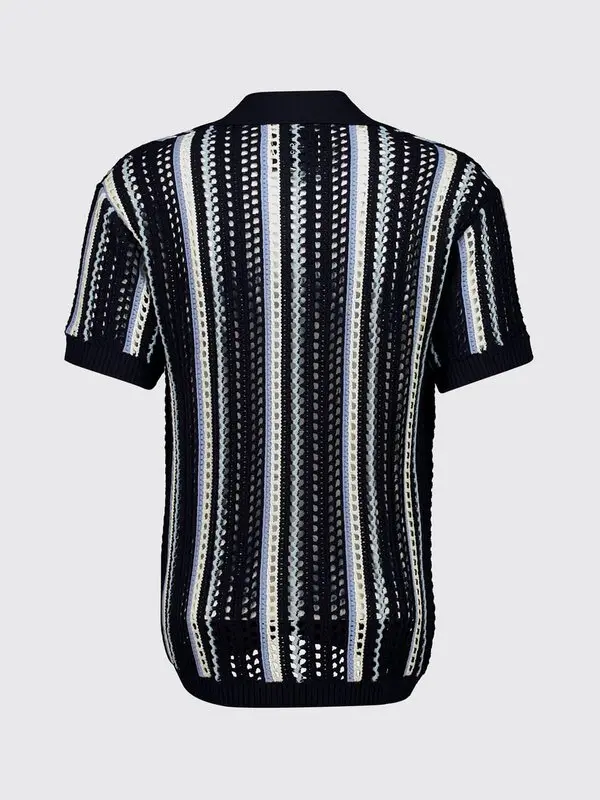 Frescobol Carioca Pinto Striped Crochet Cotton Short-sleeved Shirt - Blue