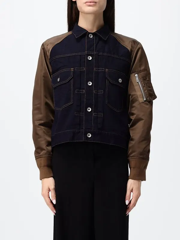 Sacai Cropped Cotton Denim Jacket With Contrasting Nylon Inserts - Navy