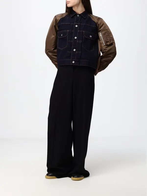 Sacai Cropped Cotton Denim Jacket With Contrasting Nylon Inserts
