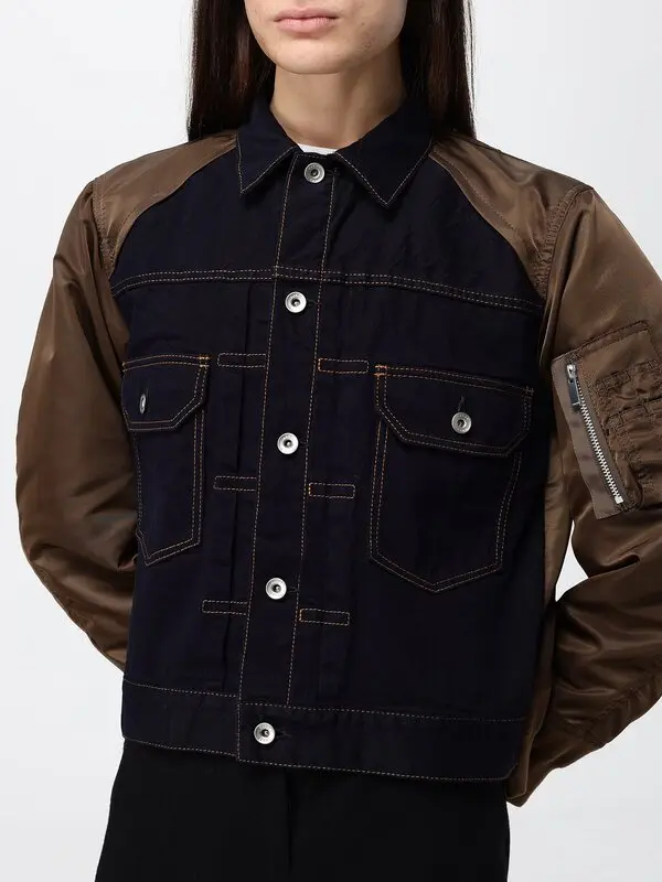 Sacai Cropped Cotton Denim Jacket With Contrasting Nylon Inserts