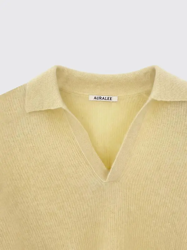 Auralee V-neck Long-sleeved Knit Polo In Alpaca Blend - Ecru