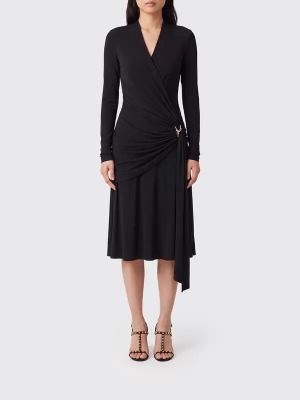FERRAGAMO Asymmetric Draped V-neck Viscose Midi Dress - Black