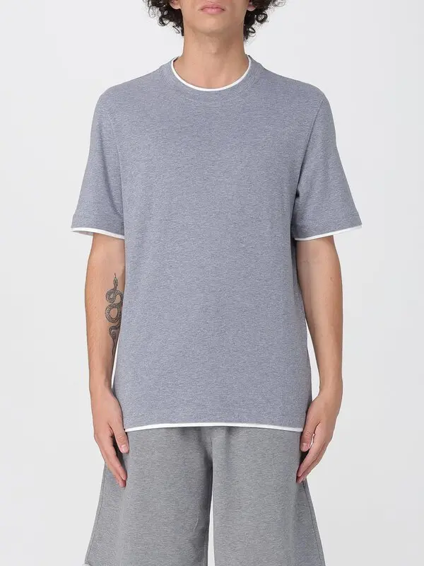 Brunello Cucinelli Crewneck Cotton T-shirt With Contrast Trims - Grey