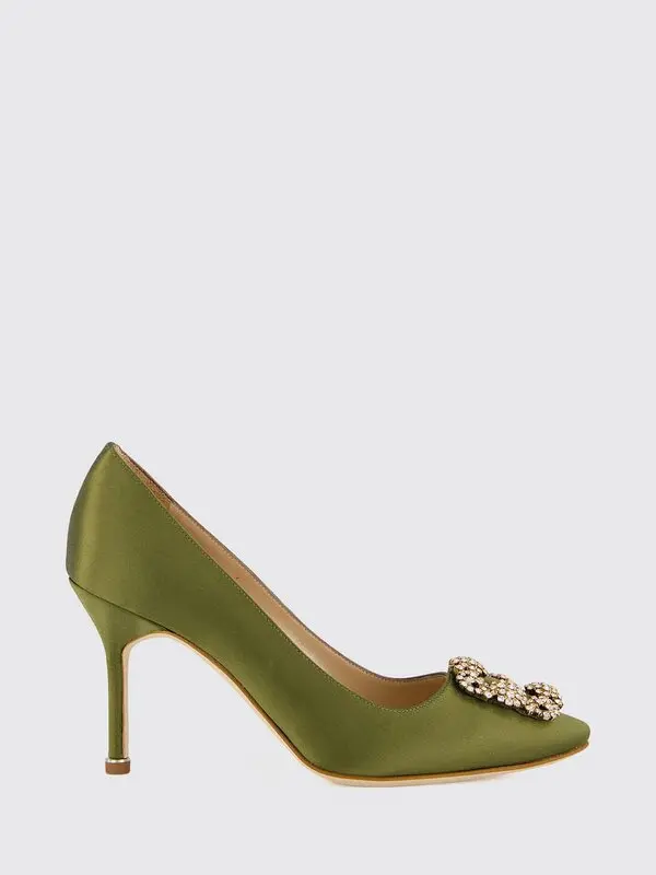 Manolo Blahnik Hangisi Satin Pumps With Jewel Buckle And Stiletto Heel - Olive