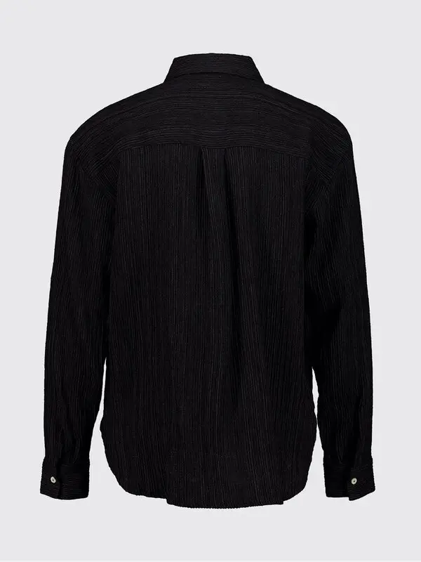 120% Lino Pleated Long-sleeve Wool Blend Shirt - Black