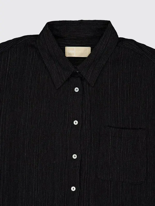 120% Lino Pleated Long-sleeve Wool Blend Shirt - Black