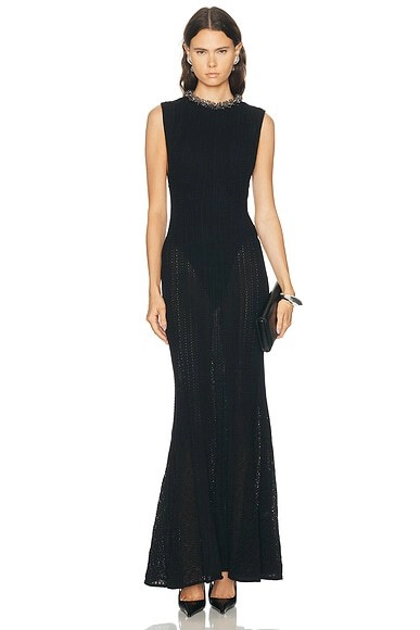 SELF-PORTRAIT Beaded Pointelle Knit Maxi Dress - Black