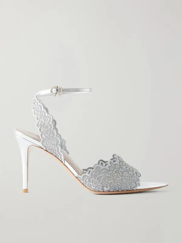 GIANVITO ROSSI 85 Metallic Leather-trimmed Lace Sandals - Silver
