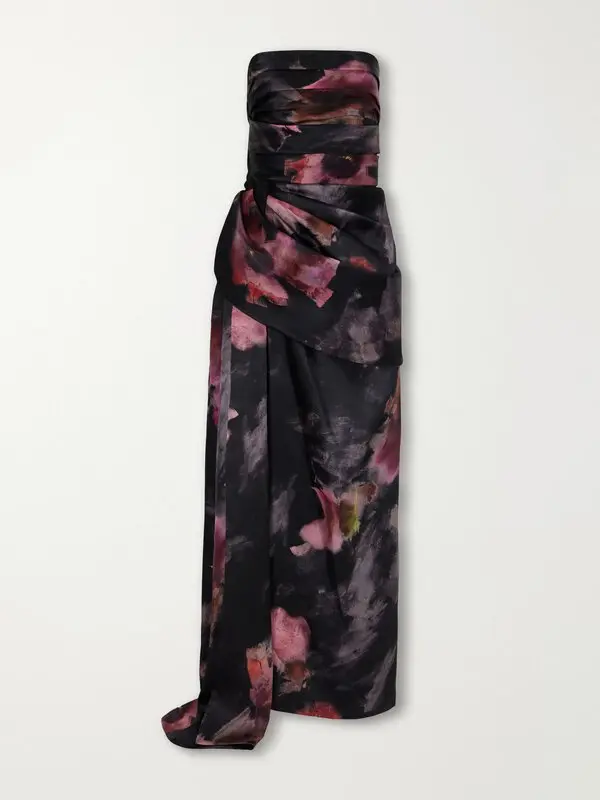 Elie Saab Strapless Pleated Floral-print Silk-blend Organza Gown - Multi