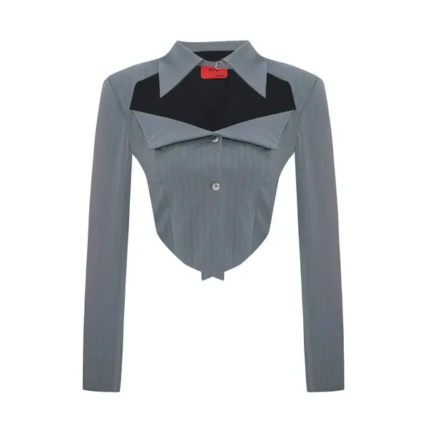 PCFG Woven Striped Shirt With Metal Button - Grey