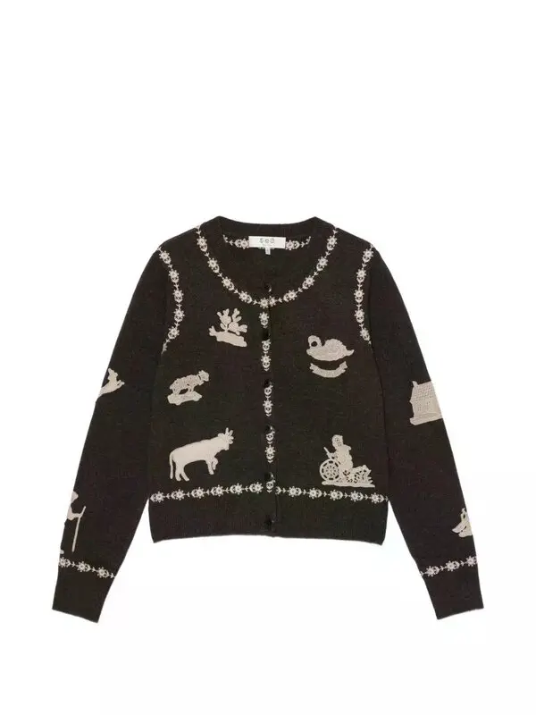 Sea Embroidered Floral-trim Cardigan - Grey