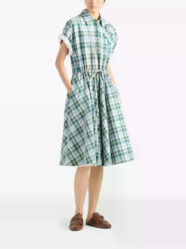 Prada Checked Cotton Shirt Dress With Floral Appliqu - Green