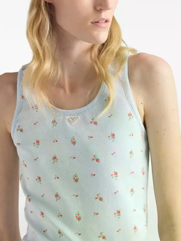 Prada Bouquet Print Ribbed Knit Top - Blue