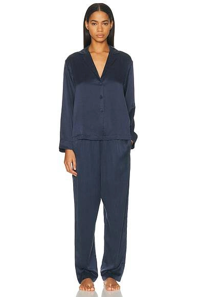 Lunya Washable Silk Long Sleeve Pant Pajama Set - Deep Blue