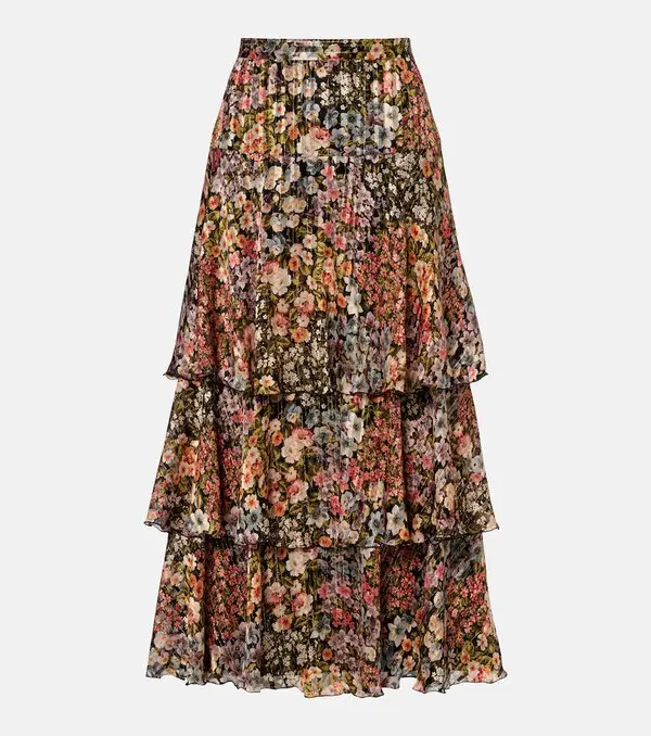 Valentino Garavani Floral Plissé Tiered Silk Midi Skirt - Multicoloured