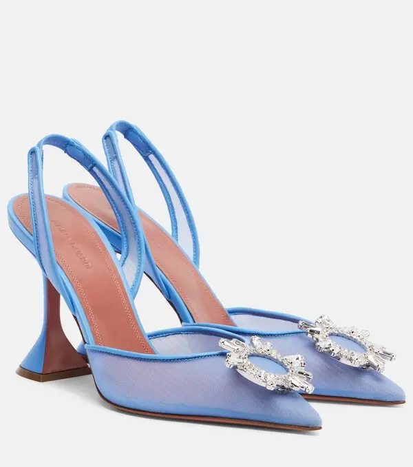 Amina Muaddi Begum Embellished Mesh Slingback Pumps - Blue