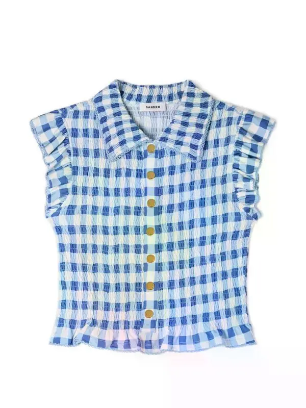 Sandro Check Smocked Shirt With Ruffled Sleeves - Blue