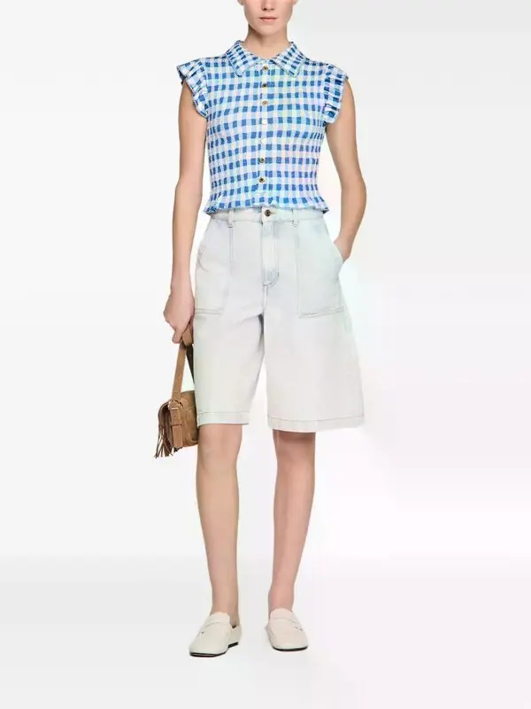 Sandro Check Smocked Shirt With Ruffled Sleeves - Blue