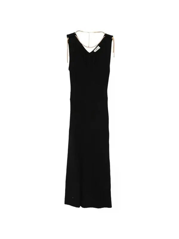 Elisabetta Franchi Ribbed V-neck Midi Dress With Gold-tone Necklace Detail - Black