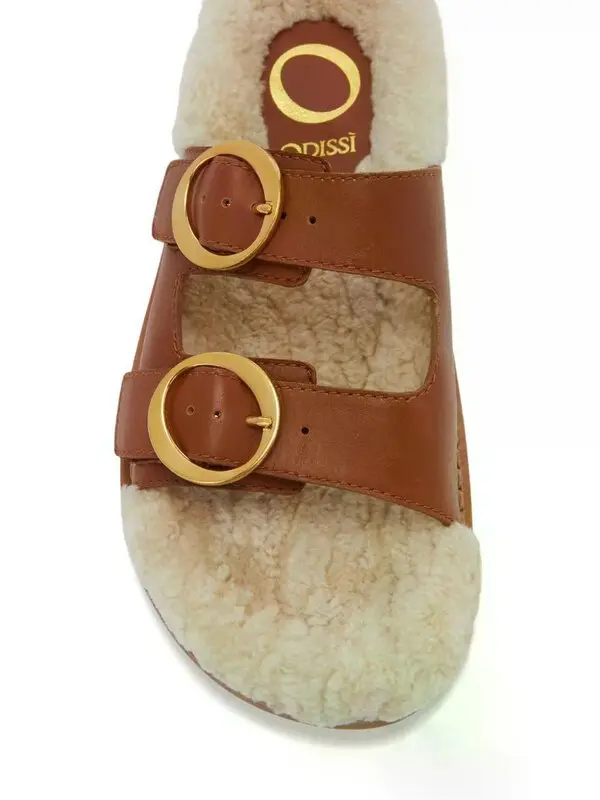 ODISSI Yuki Buckle Strap Leather Flat Sandals With Shearling Trim