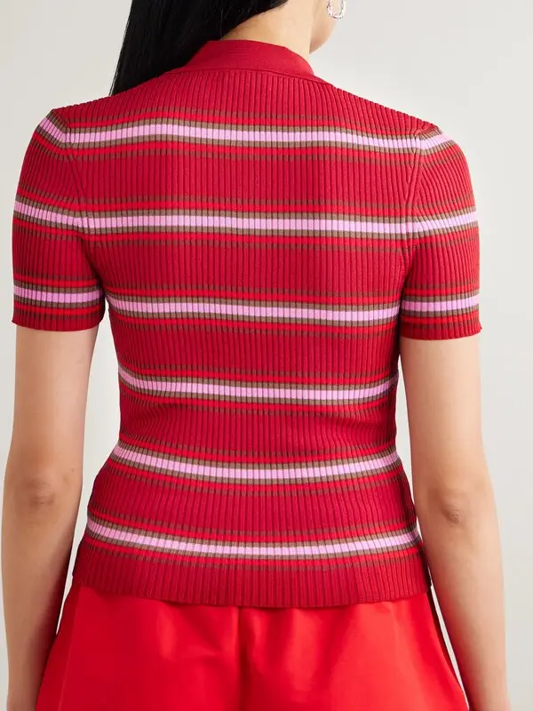 Staud Ren Striped Ribbed-knit Polo Shirt - Red