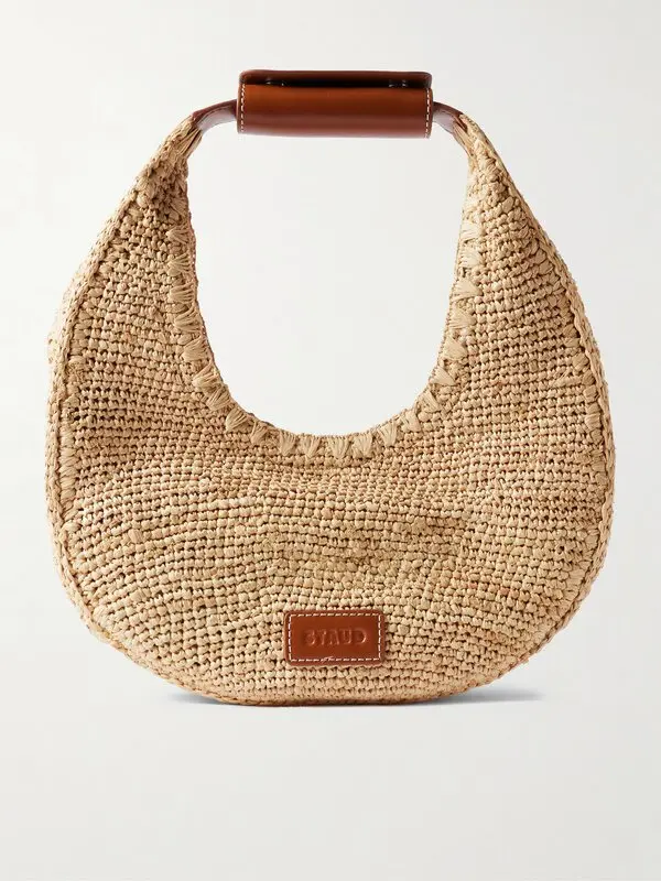 Staud Moon Raffia Tote With Leather Trims
