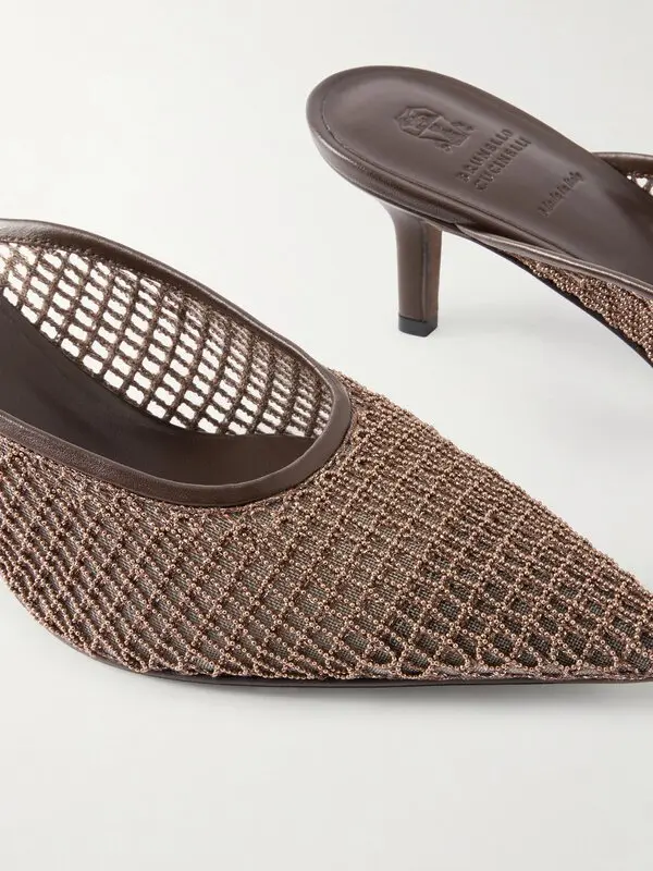 Brunello Cucinelli Embellished Leather-trimmed Mesh Mules