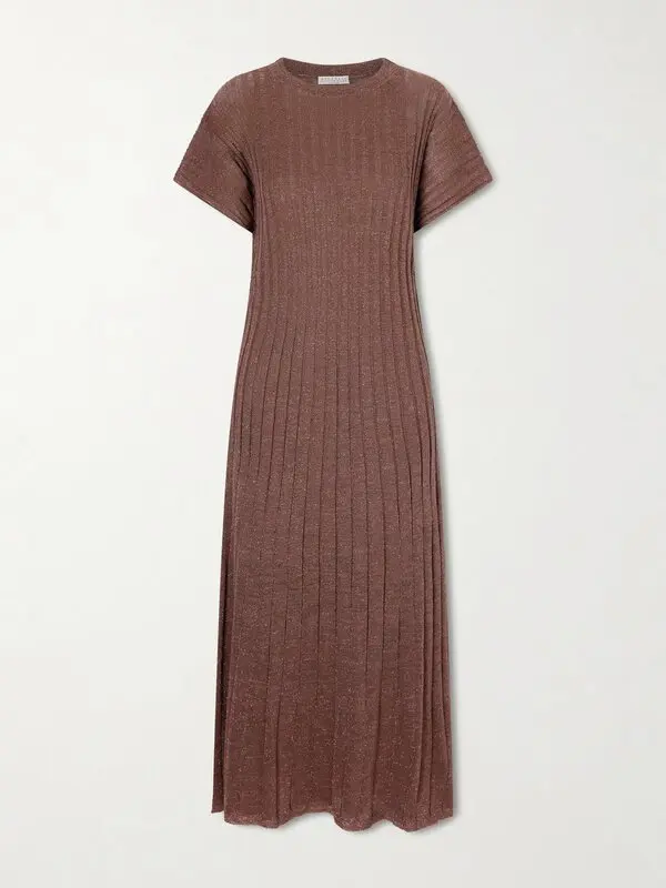 Brunello Cucinelli Metallic Ribbed Knit Midi Dress - Brown