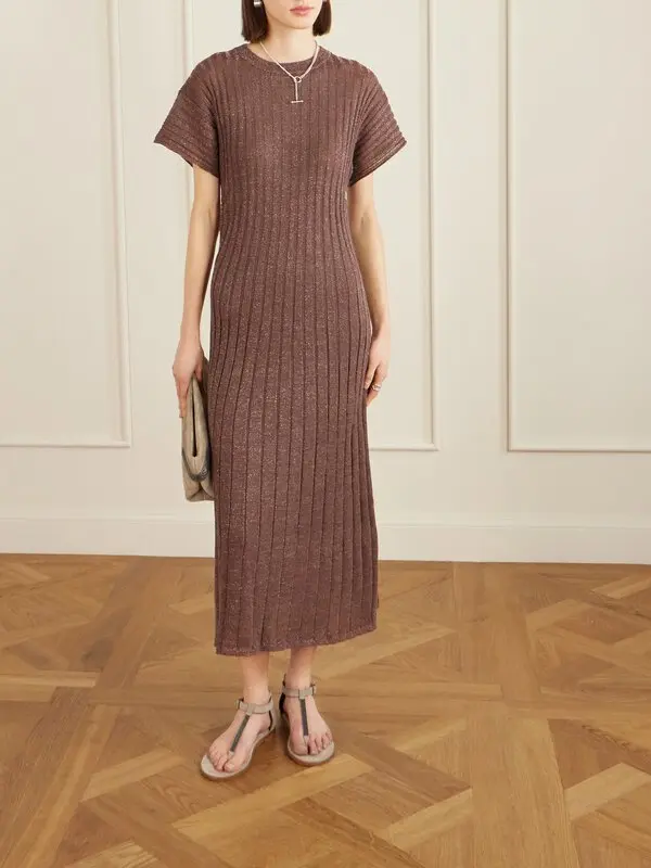 Brunello Cucinelli Metallic Ribbed Knit Midi Dress